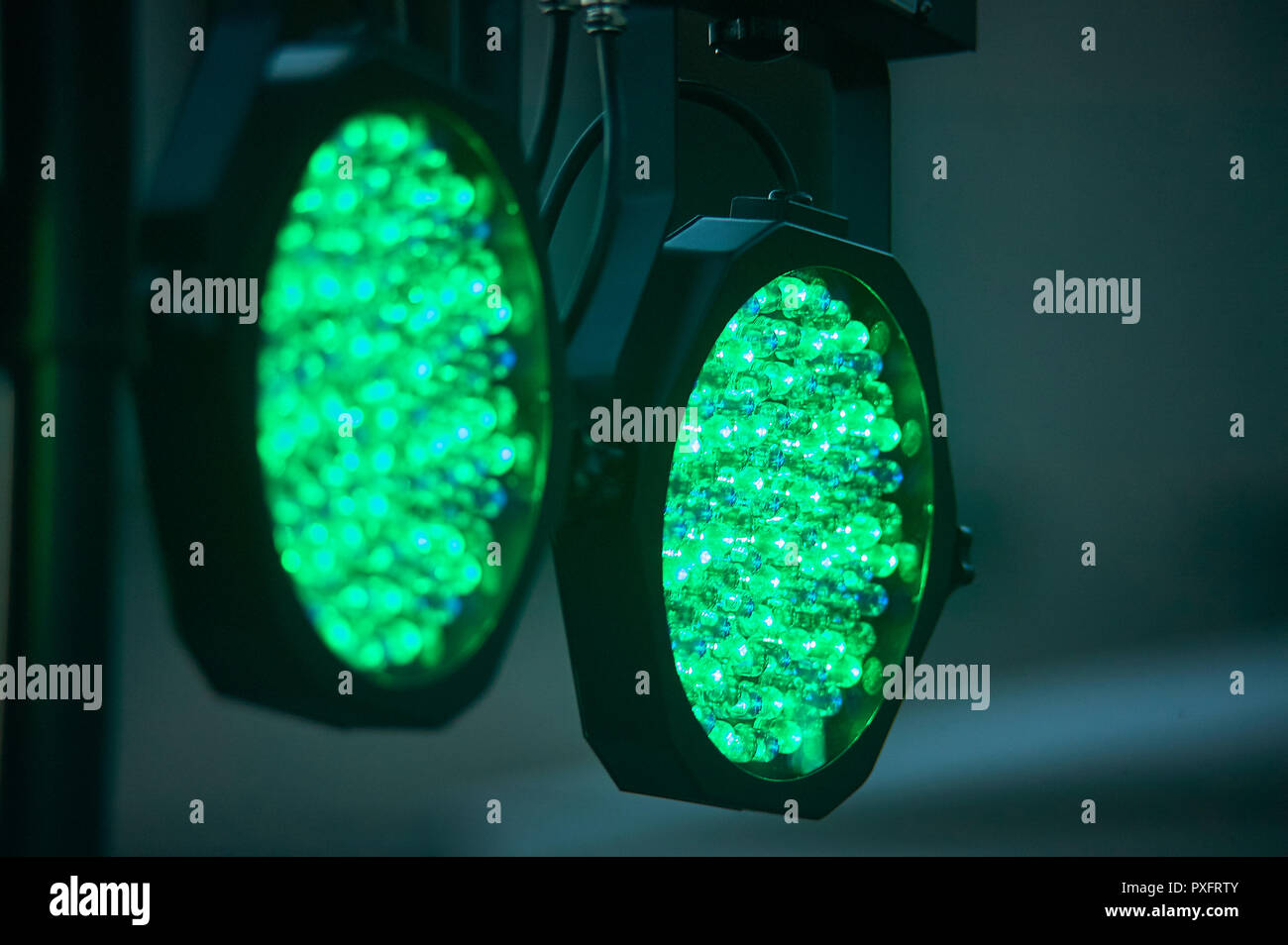 Detail of colored LED spotlights used to illuminate a stage stage of a ...
