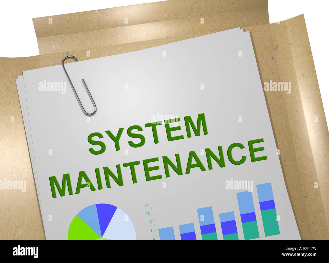 3D illustration of SYSTEM MAINTENANCE title on business document Stock ...