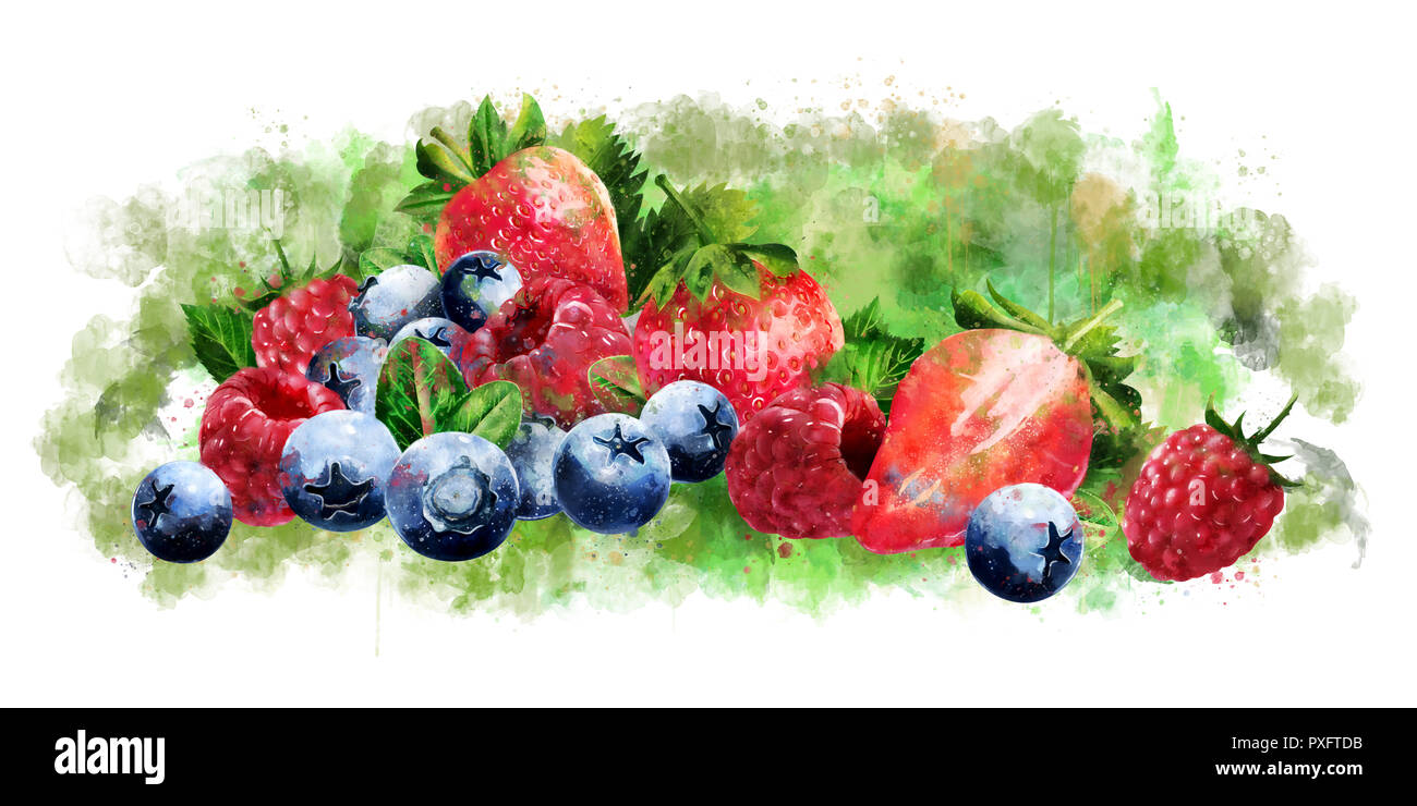 Raspberries, blueberries and strawberries on white background ...