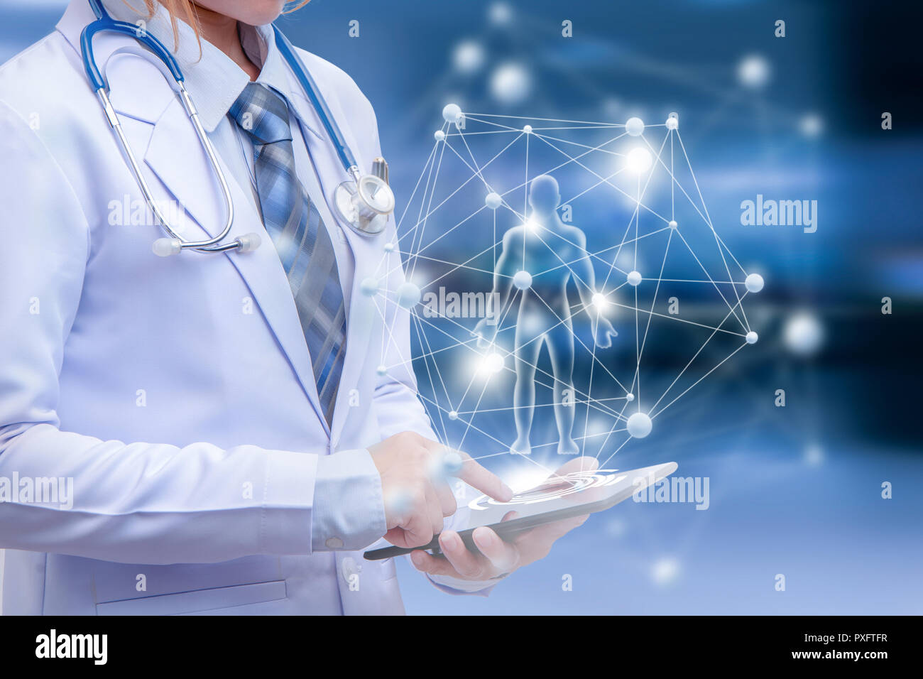 smart woman doctor holding tablet and pointing to screen with 3d body ...