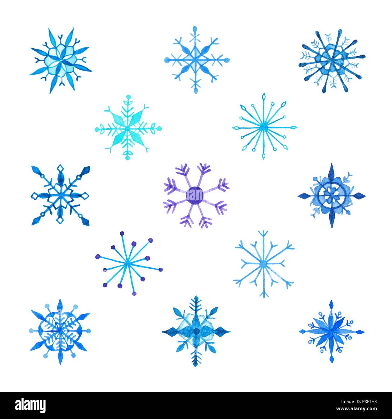 Set of Various Blue And Turquoise Hand Drawn Watercolor Snowflakes ...