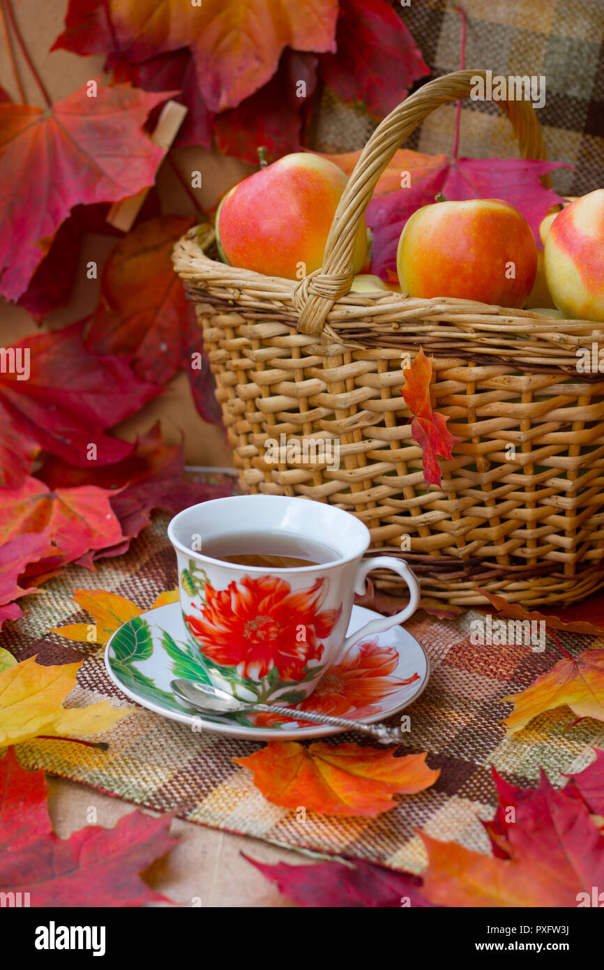 A cup of tea and apples with maple leaves. Autumn tea party, autumn mood, seasonal postcard ...