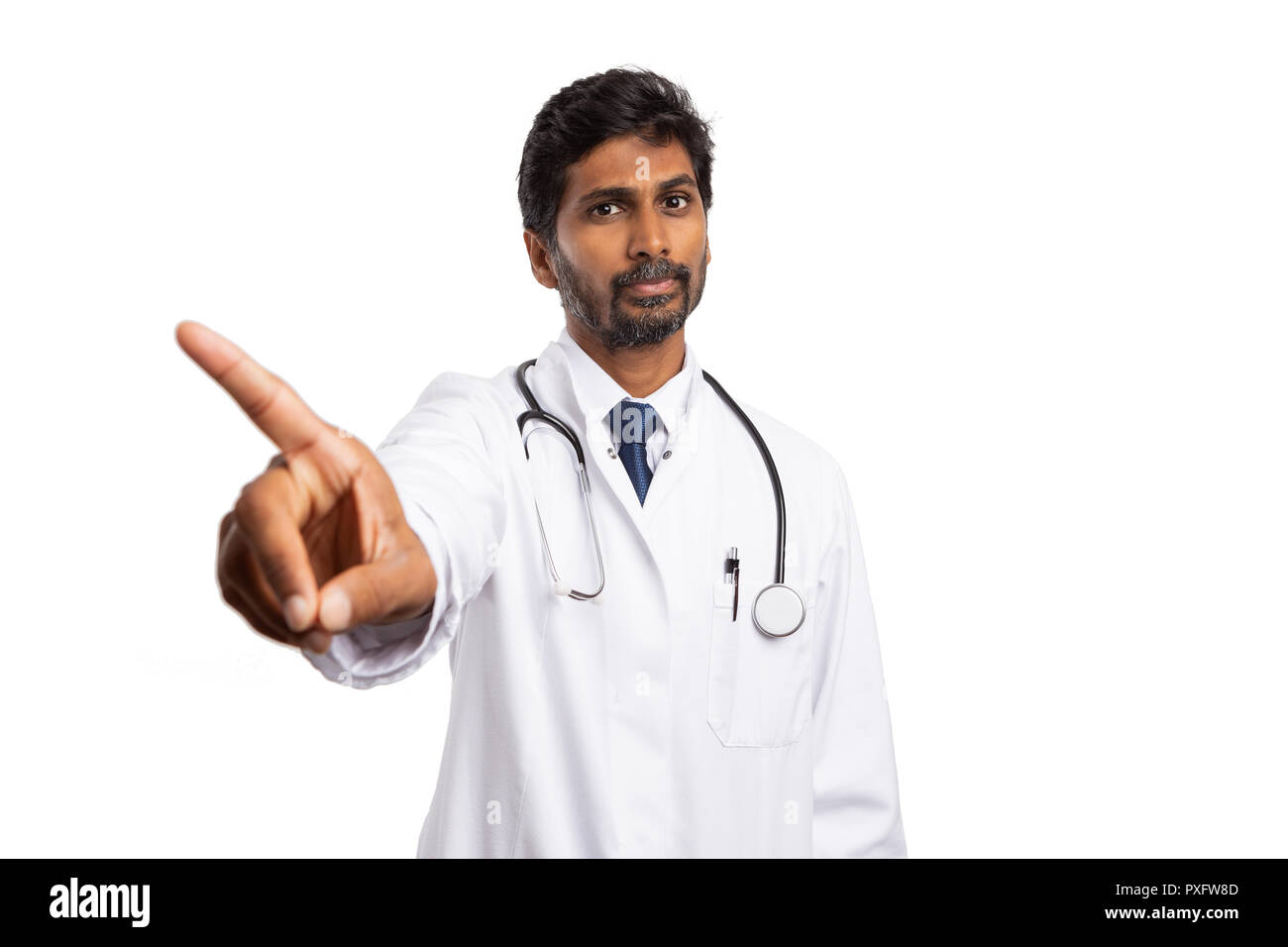Serious indian physician holding index finger up as forbidden gesture ...