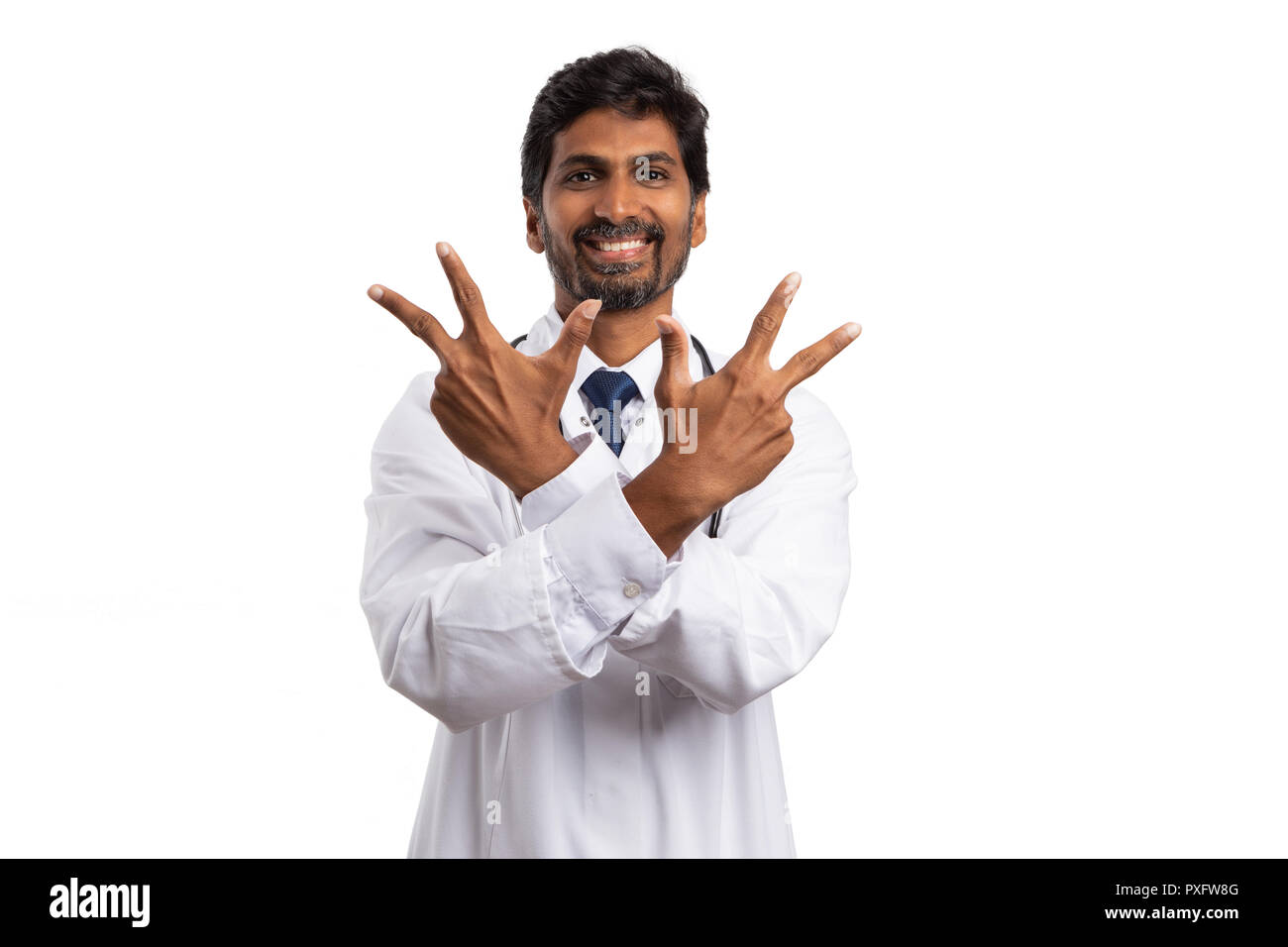 Positive inidan doctor holding up three fingers at both hands as ...