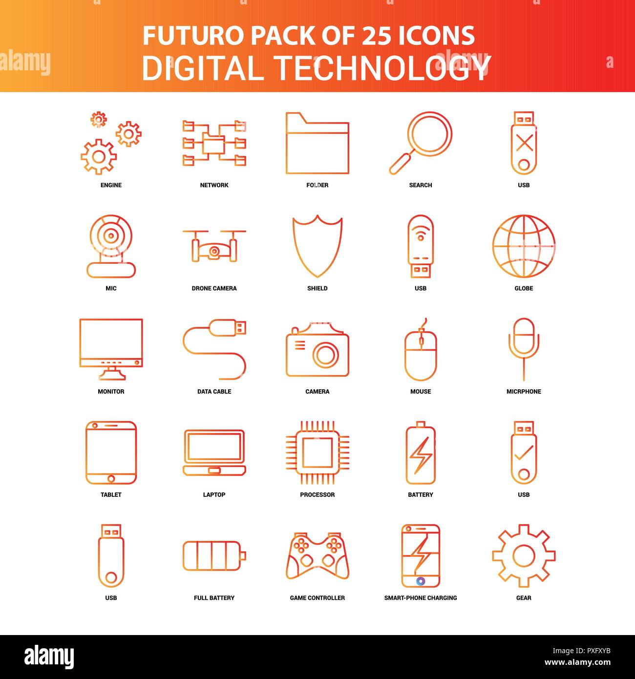 Orange Futuro 25 Digital Technology Icon Set Stock Vector Image & Art - Alamy