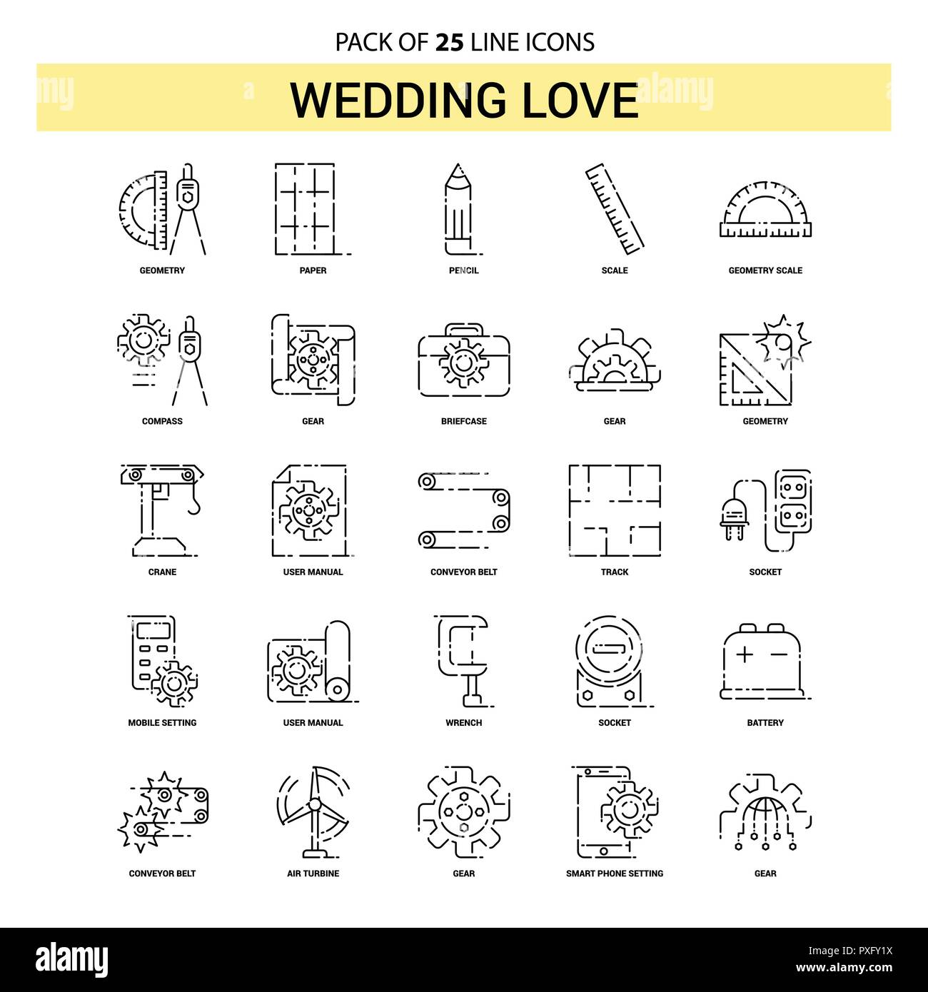 Wedding Love Line Icon Set 25 Dashed Outline Style Stock Vector Image