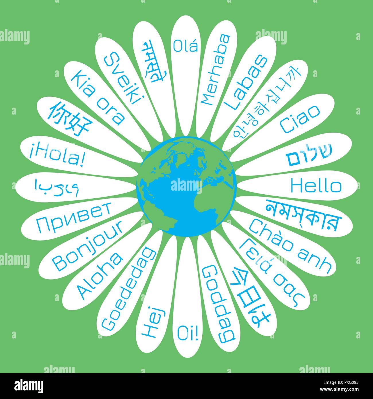 World Hello Day. The concept of the campaign for peace. Daisy flower ...