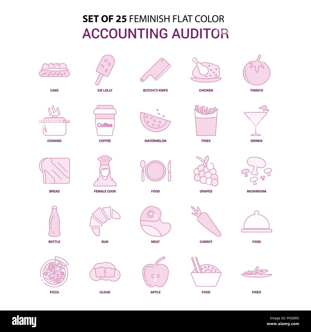 Set of 25 Feminish Accounting Auditor Flat Color Pink Icon set Stock ...