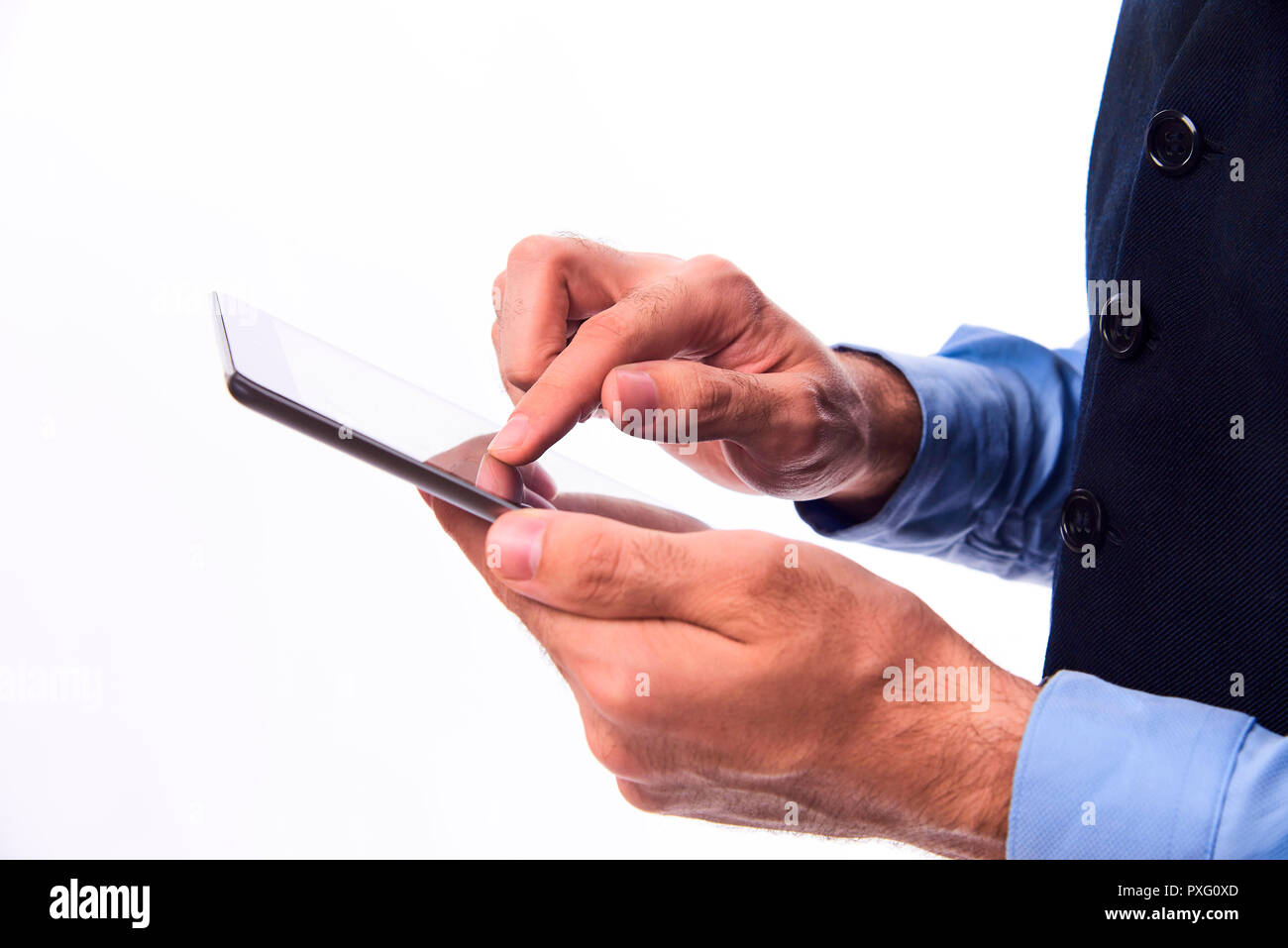 Men's hands with tablet close-up on white background Stock Photo - Alamy
