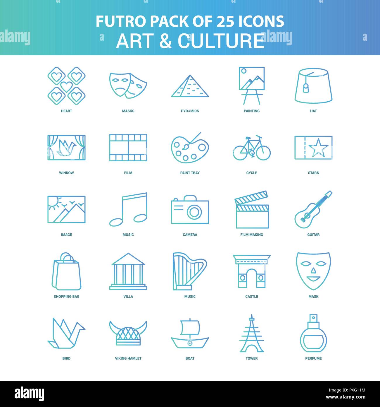 25 Green and Blue Futuro Art and Culture Icon Pack Stock Vector Image ...