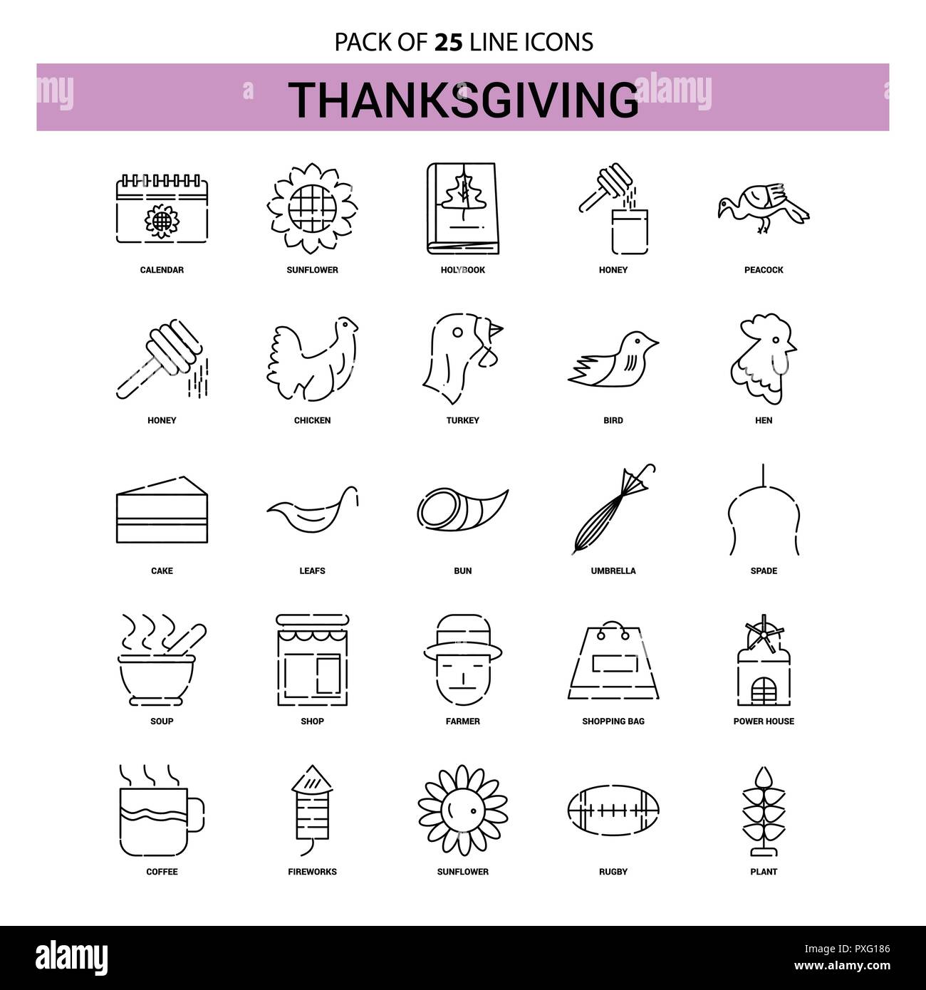 Thanksgiving Line Icon Set - 25 Dashed Outline Style Stock Vector Image ...