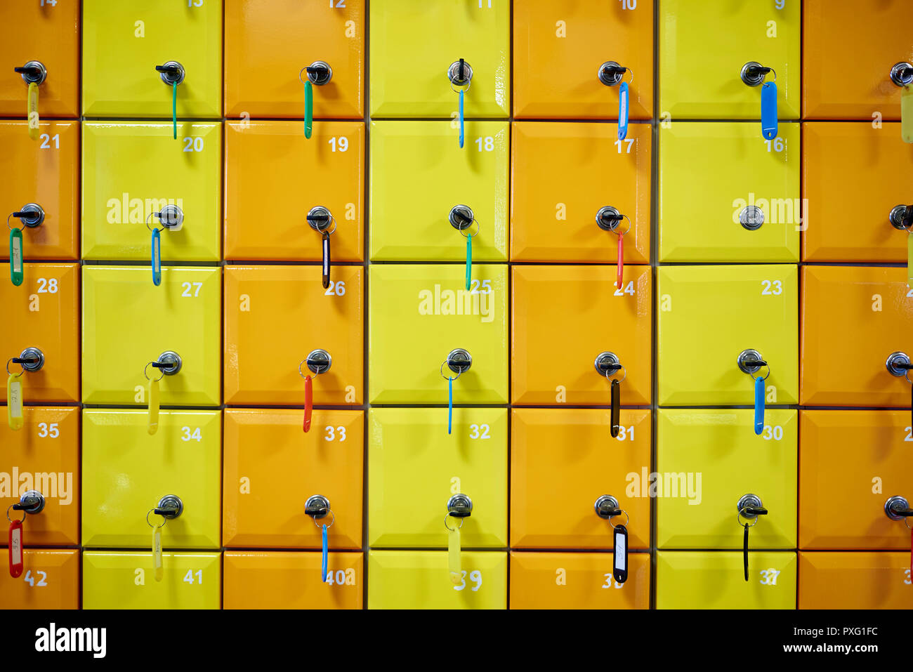 Series of colored, numbered lockers with locks, keys and tags Stock ...