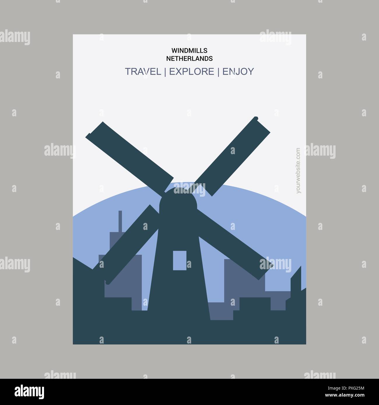 Windmills, Netherlands Vintage Style Landmark Poster Template Stock ...