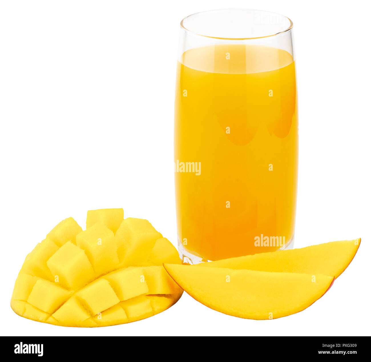 mango juice with mango slice isolated on white background. glass of ...