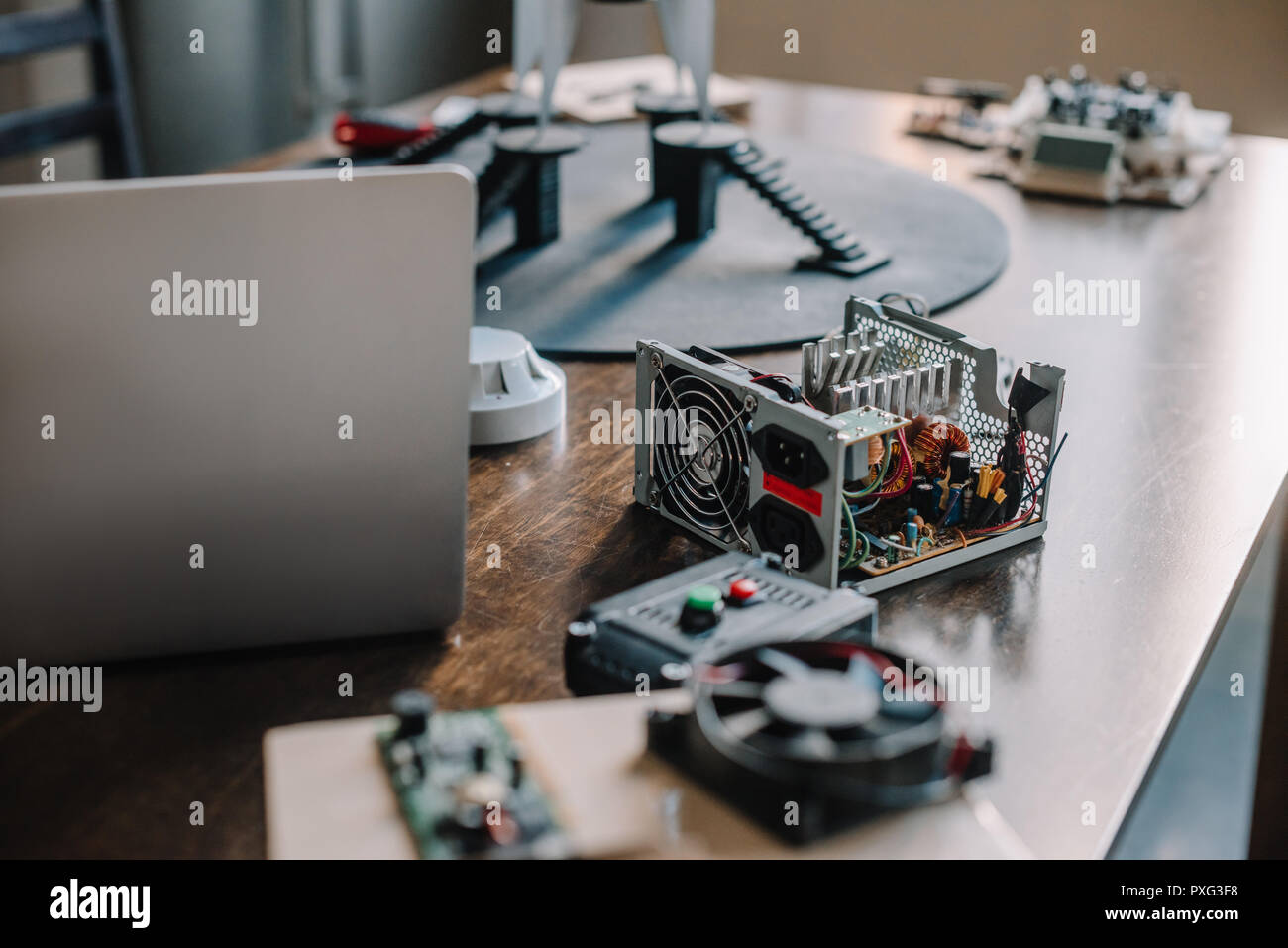 laptop and technical parts of pc on tabletop at home Stock Photo - Alamy