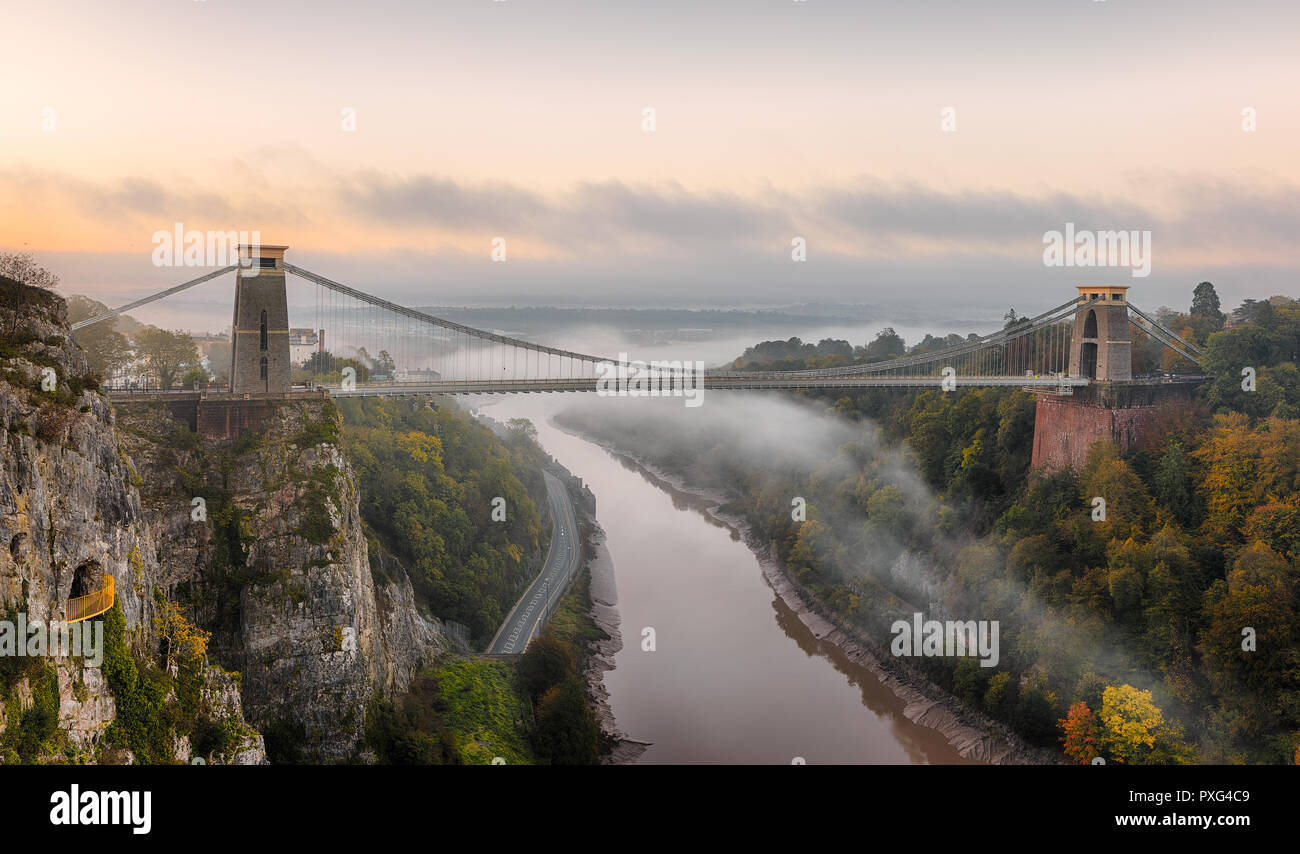 Mist moving down the Avon Gorge on an autumn morning, going under ...