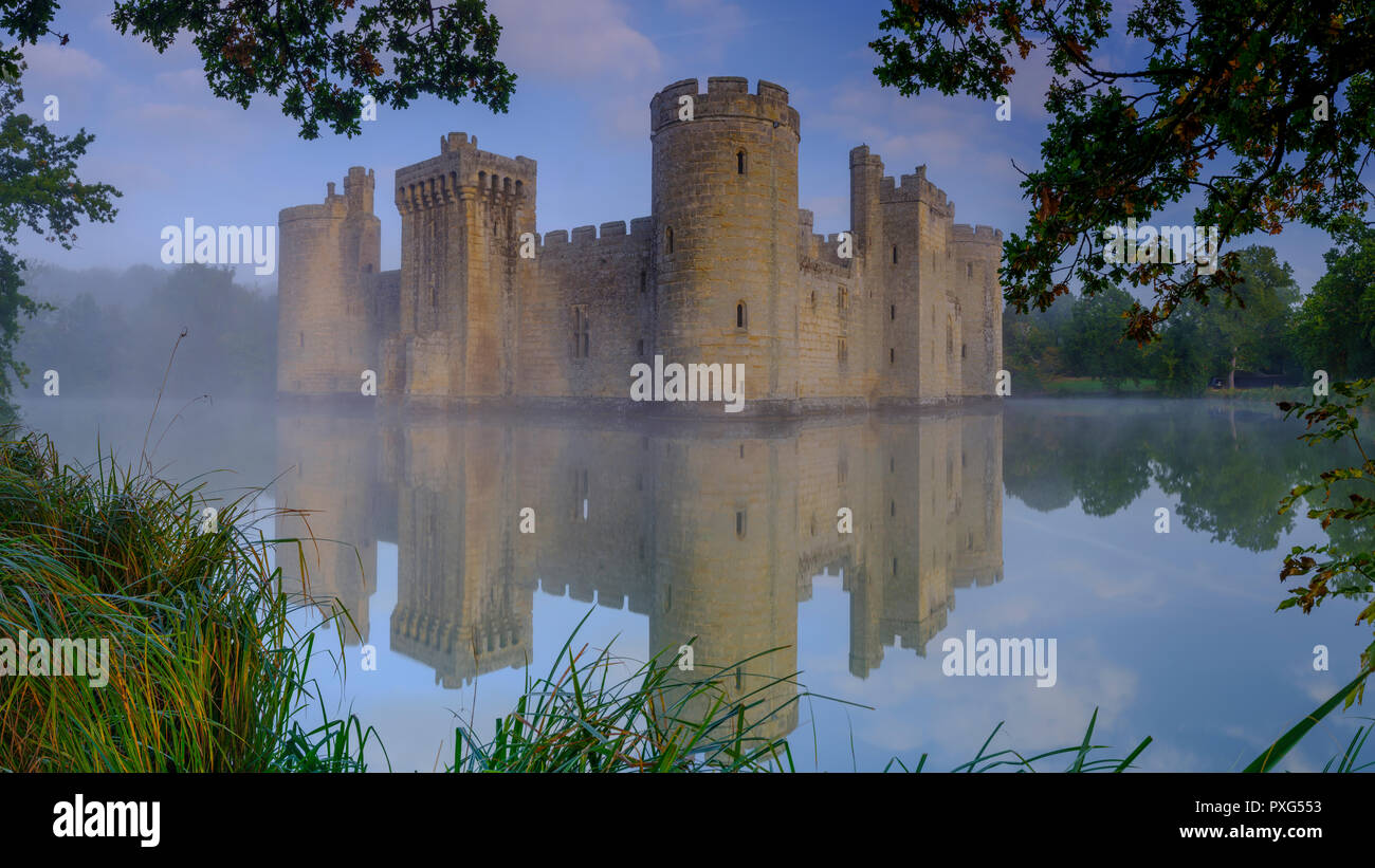 Autumn misty sunrise on Bodiam Castle - taken from a public footpath ...