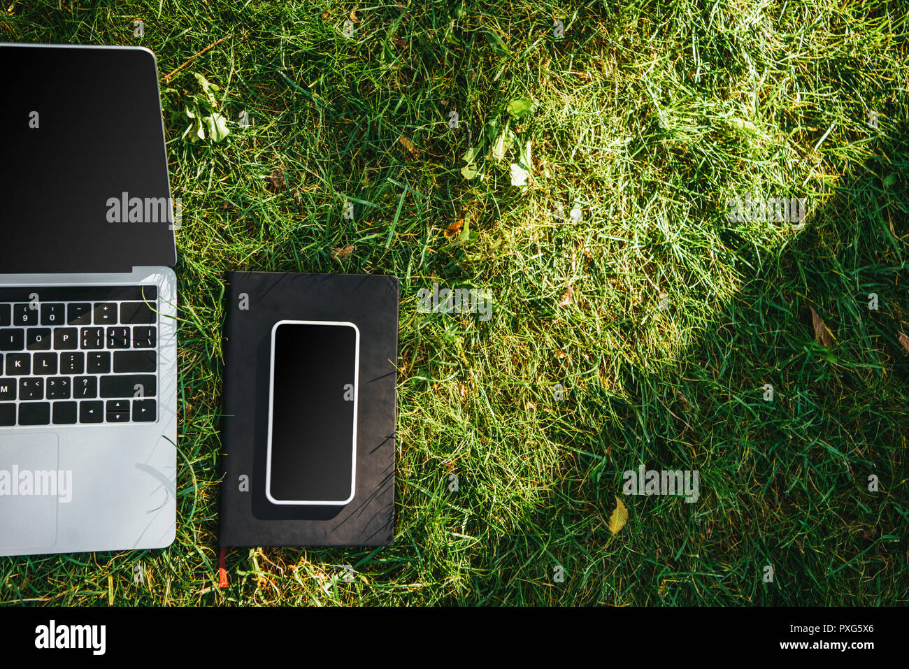 elevated view of gadgets with blank screens on green grass in park ...