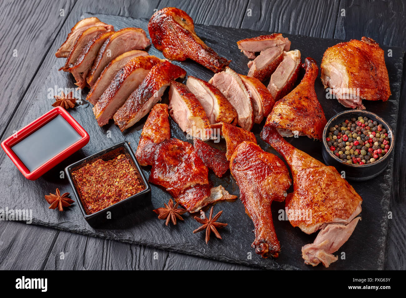 close-up of Juicy Peking Duck Carved Table-Side with extremely crispy ...