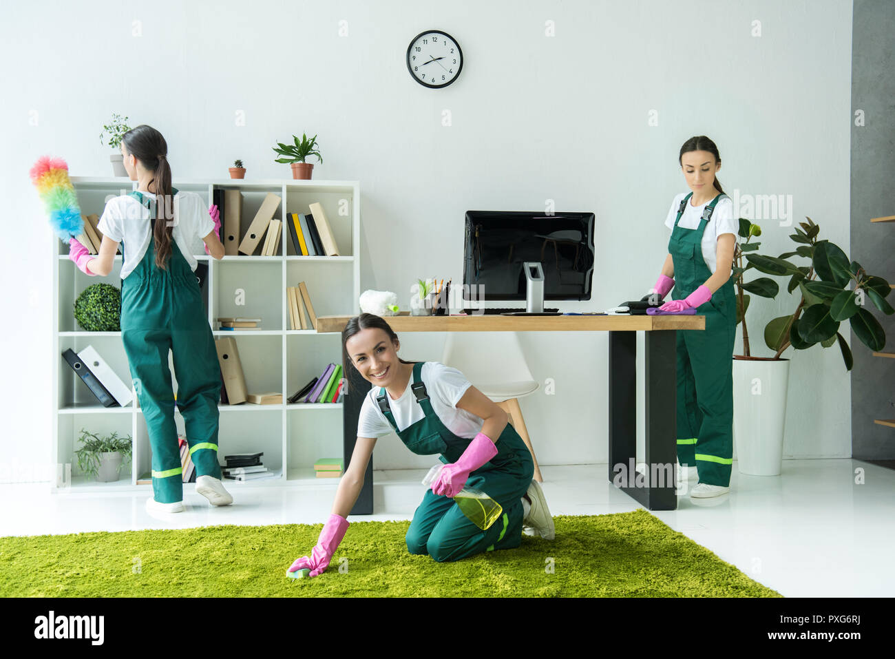 collage of professional young cleaning company worker cleaning modern ...