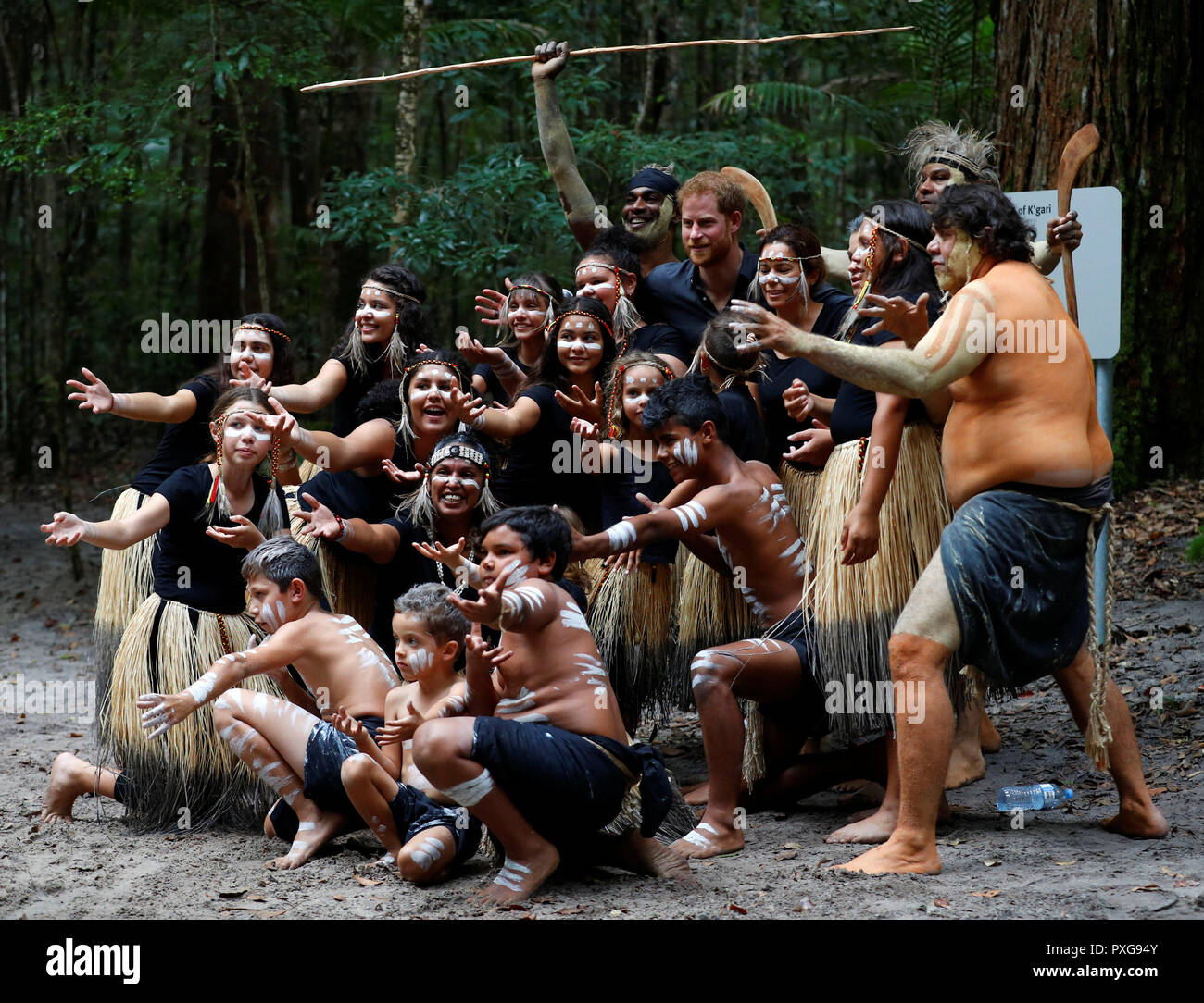The Duke of Sussex poses for a photo with Butchulla People during a ...