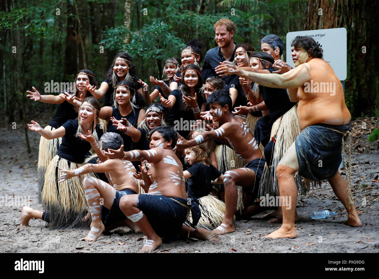 The Duke of Sussex poses for a photo with Butchulla People during a ...
