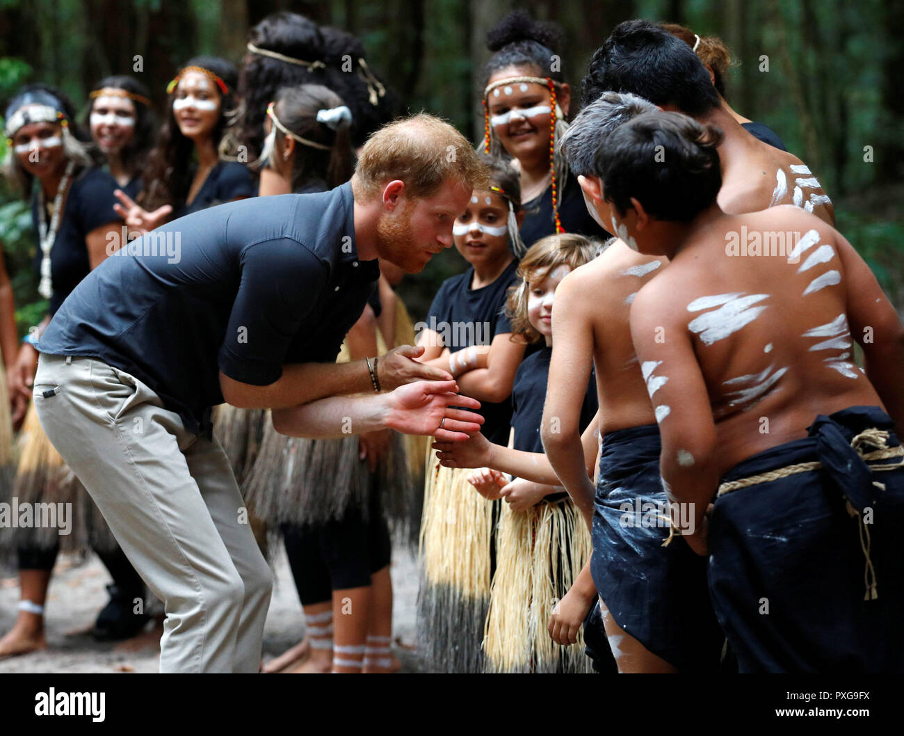 The Duke of Sussex greets a member of the Butchulla People during a ...