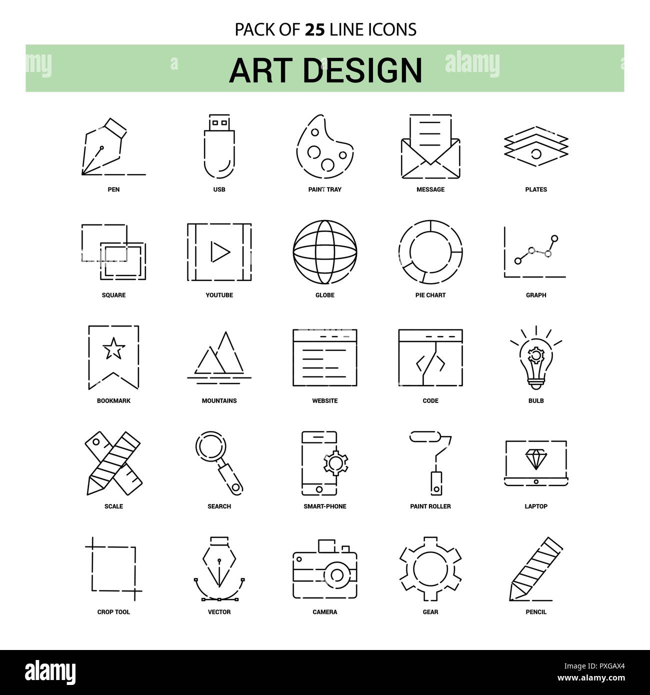 Art Design Line Icon Set - 25 Dashed Outline Style Stock Vector Image ...