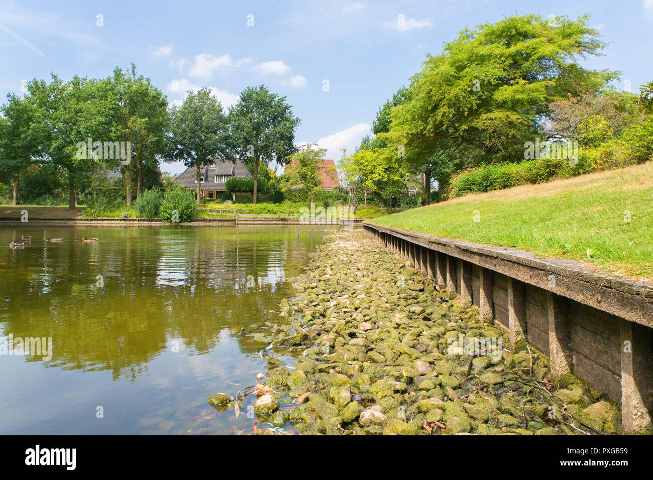 Pond in residential area with low water level Stock Photo - Alamy