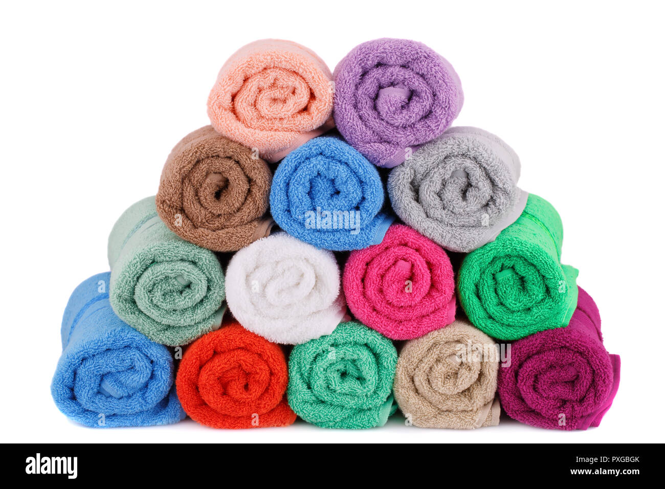 Colorful rolled towels stack isolated on white background Stock Photo ...