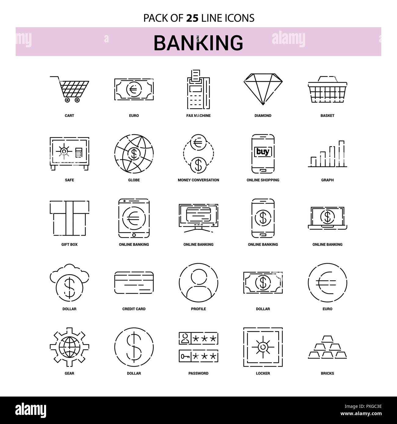 Banking Line Icon Set - 25 Dashed Outline Style Stock Vector Image ...