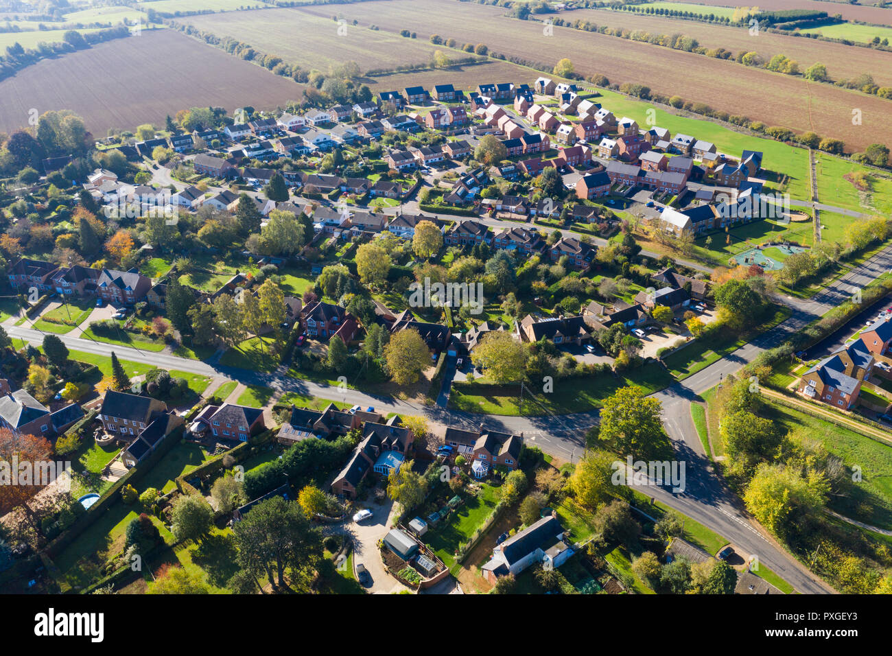 Aerial view of homes in a rural village setting in England Stock Photo ...