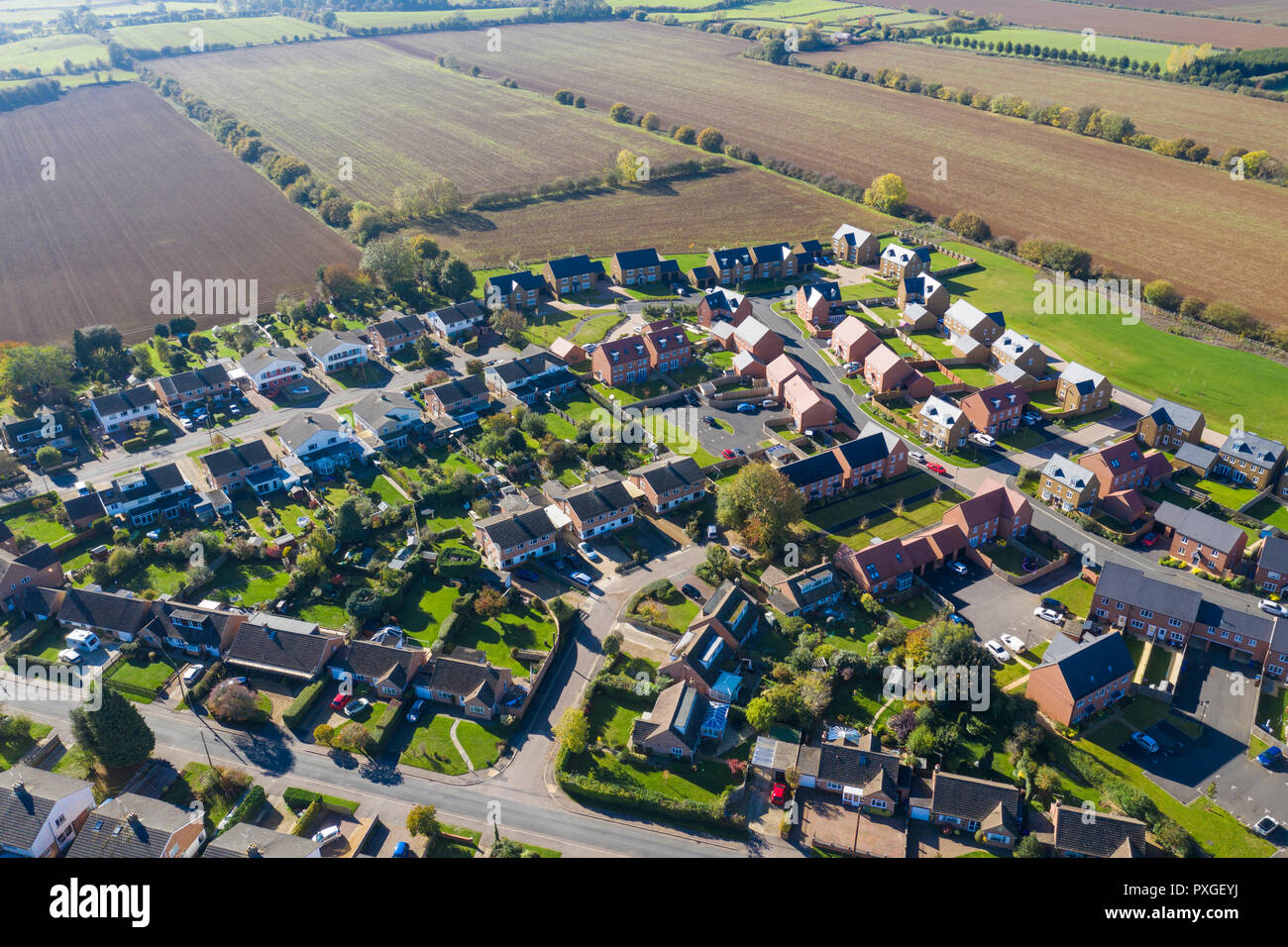 Aerial view of homes in a rural village setting in England Stock Photo ...