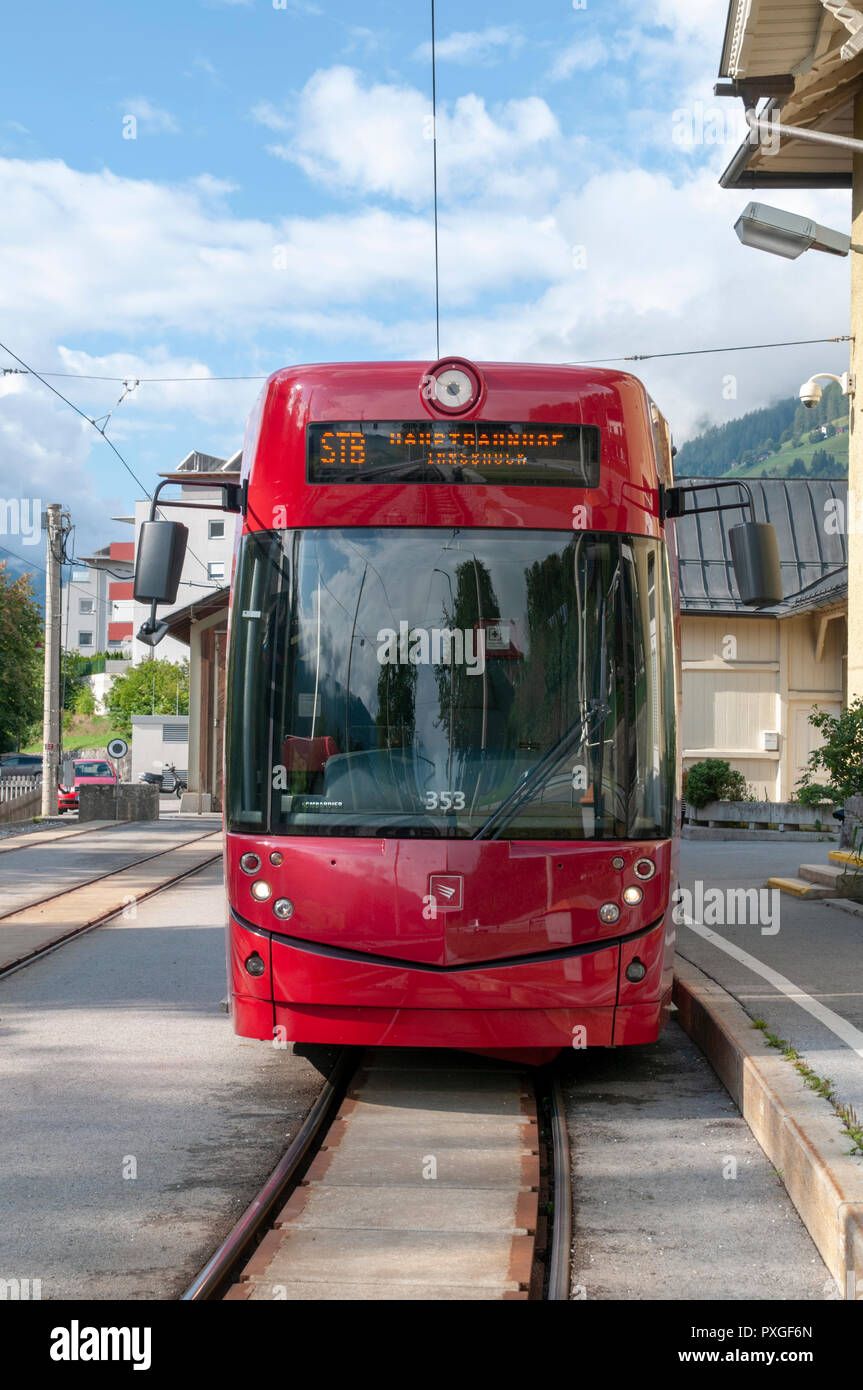 The tram station at Fulpmes, a village and a municipality in Stubaital ...