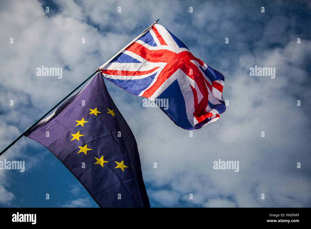 European union and British Union jack flags flying together. Brexit ...