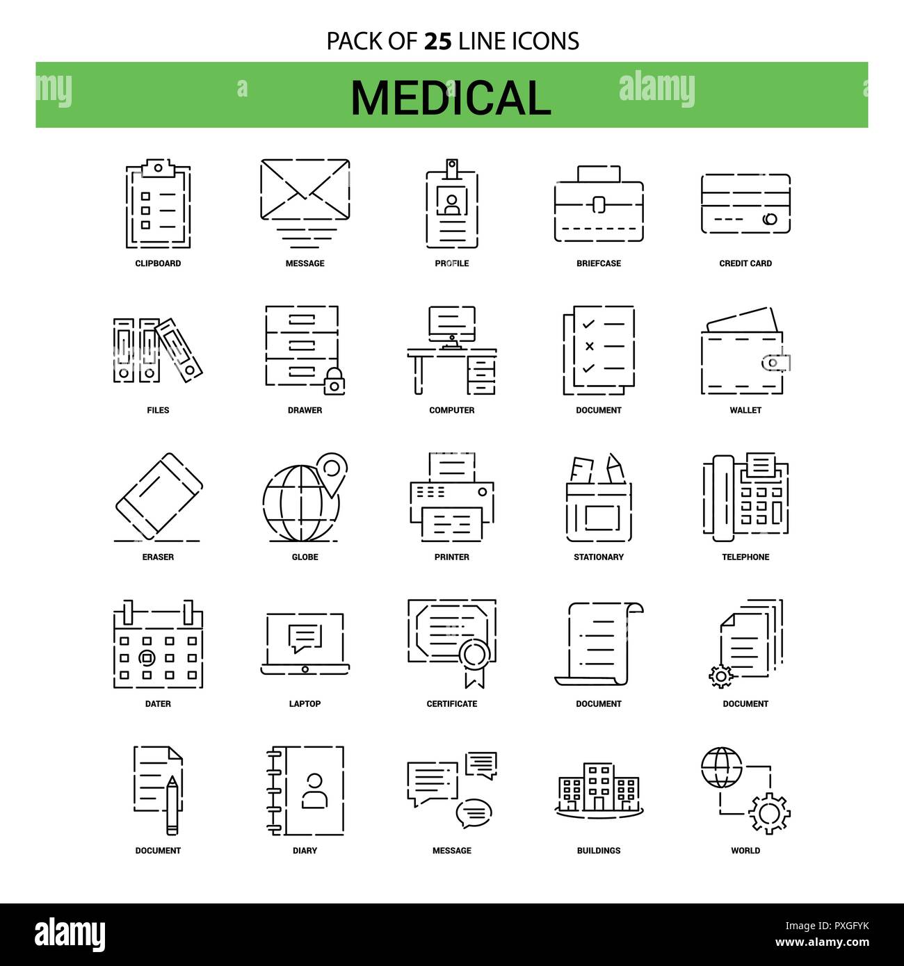 Medical Line Icon Set - 25 Dashed Outline Style Stock Vector Image ...