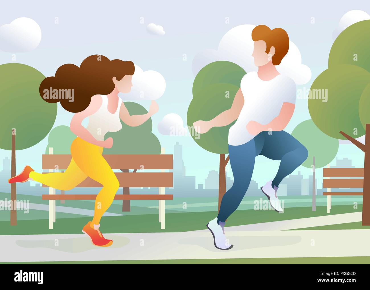 Young guy and pretty girl run in a urban park with city skyline on the ...