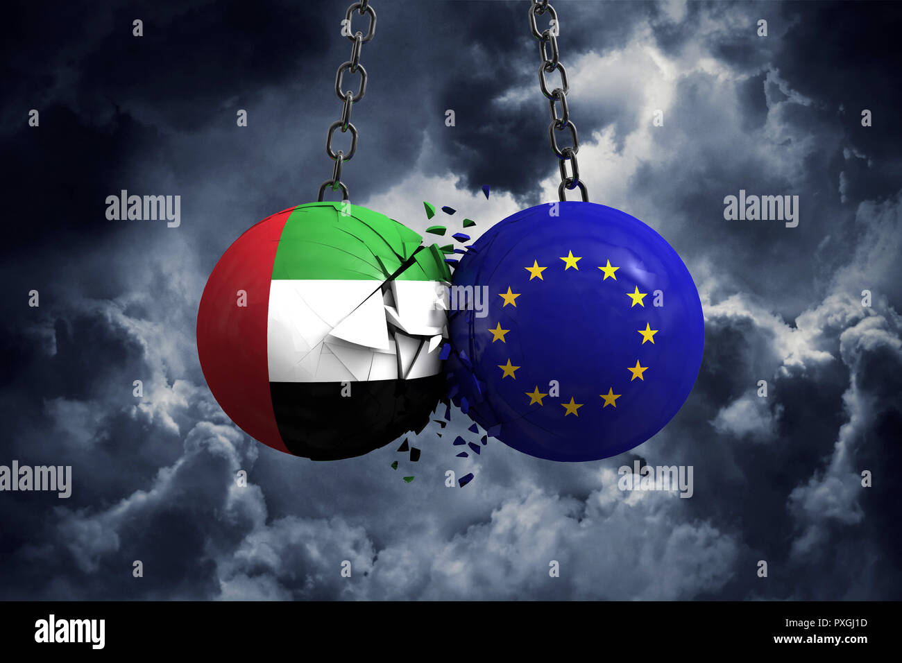 UAE flag and European union political balls smash into each other. 3D ...
