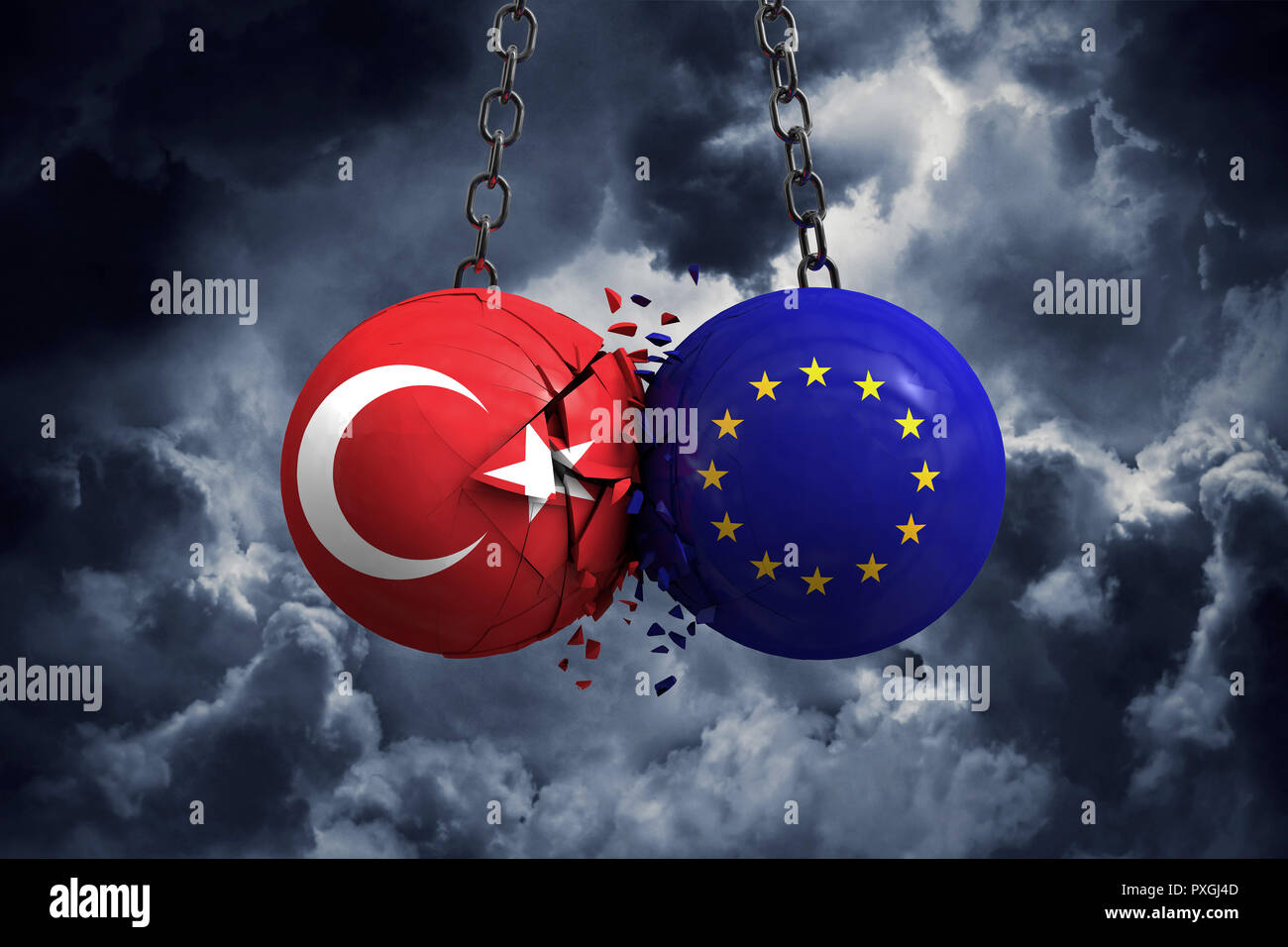 Turkey flag and European union political balls smash into each other ...
