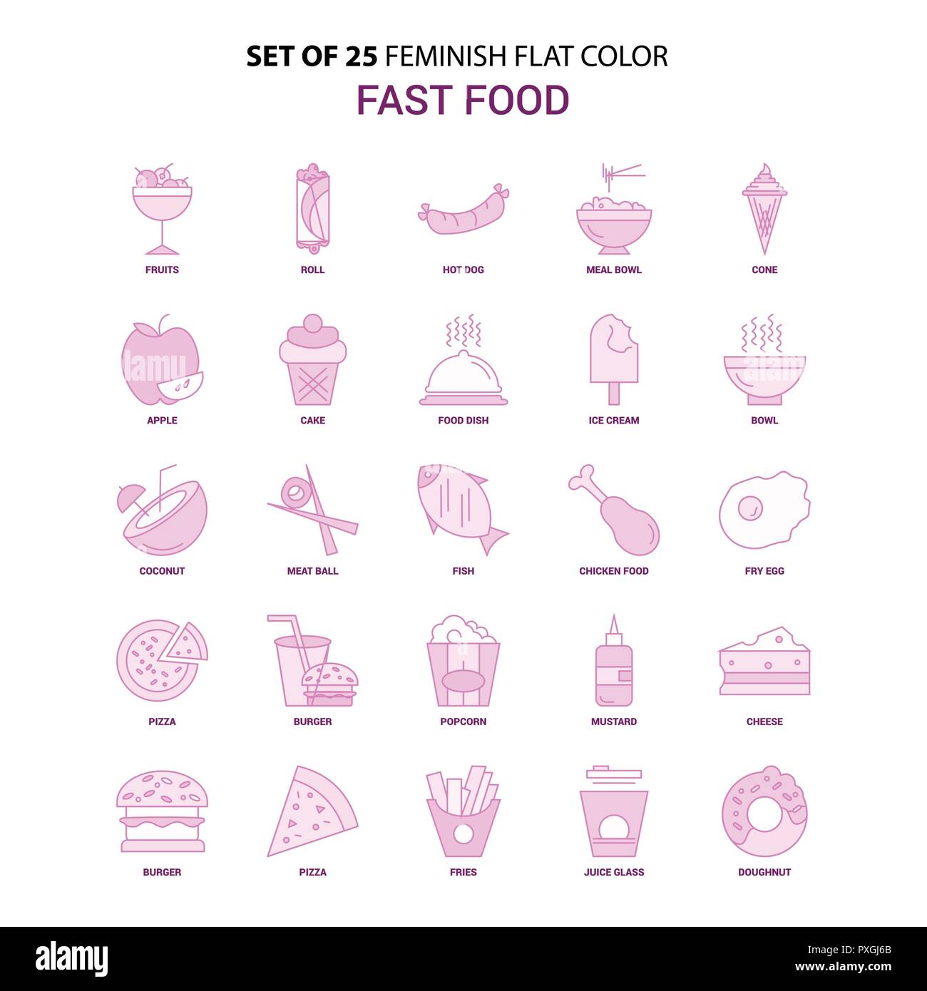 Set of 25 Feminish Fast food Flat Color Pink Icon set Stock Vector ... Set of 25 Feminish Fast food Flat Color Pink Icon set Stock Vector ...