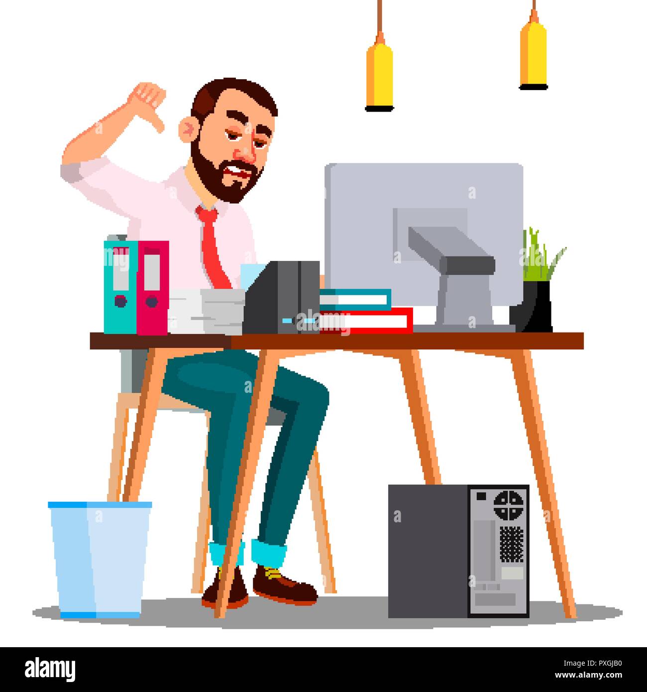 Angry Boss In Suit Sitting At Table With Documents Shows Thumb Down ...