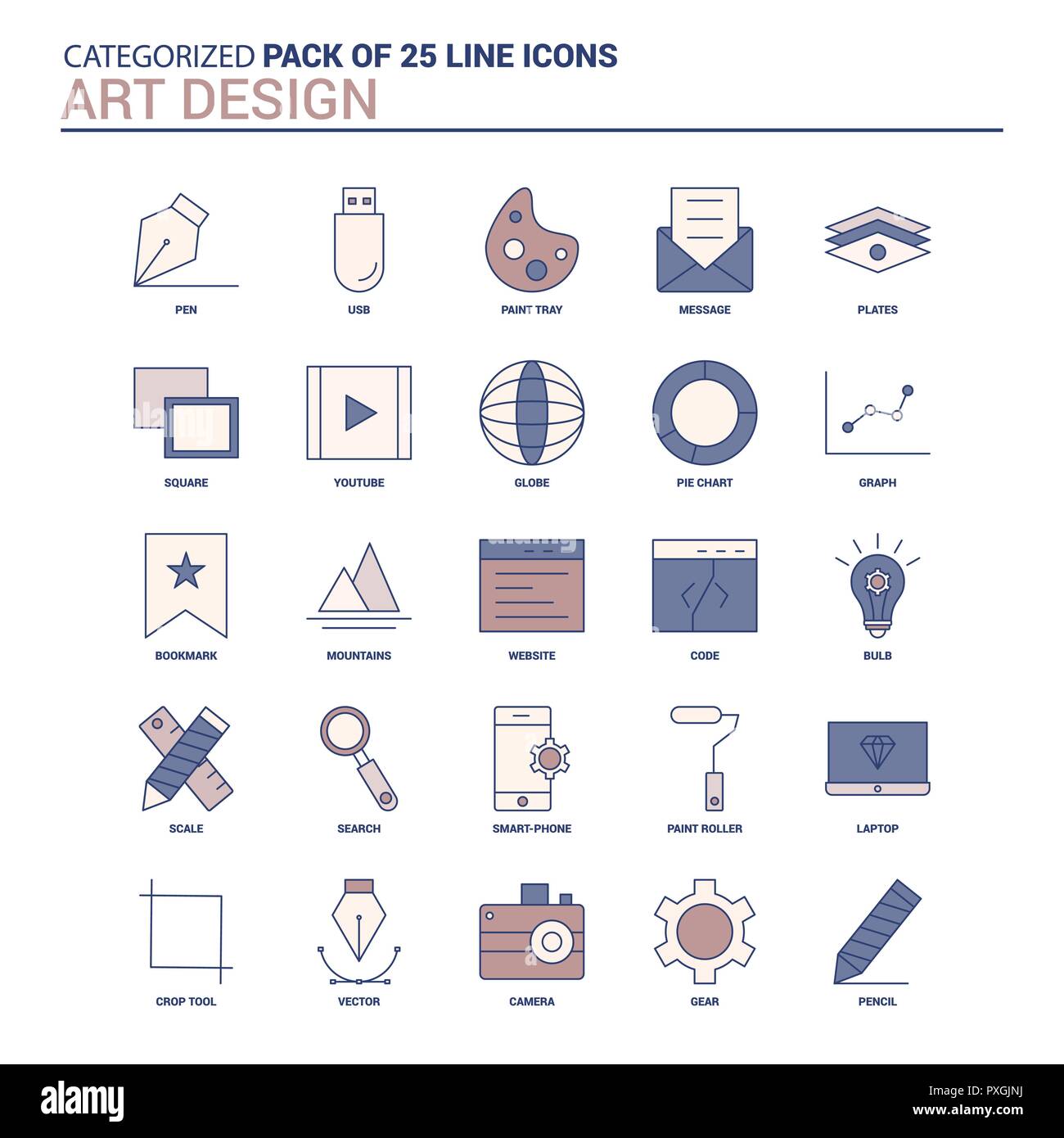 Vintage Art Design Icon set - 25 Flat Line icon set Stock Vector Image ...