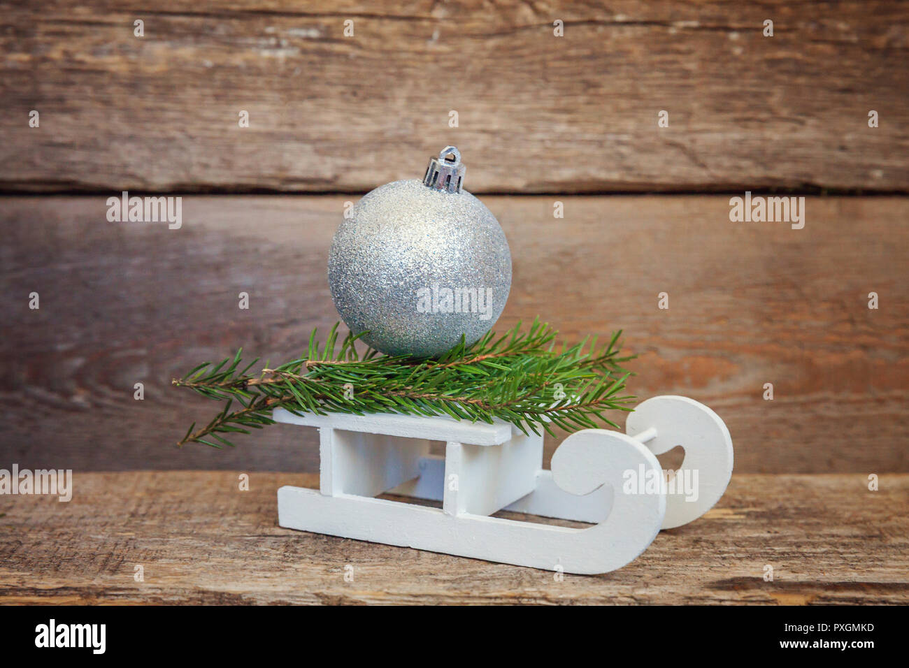 Christmas New Year composition winter objects balls and sled on old ...