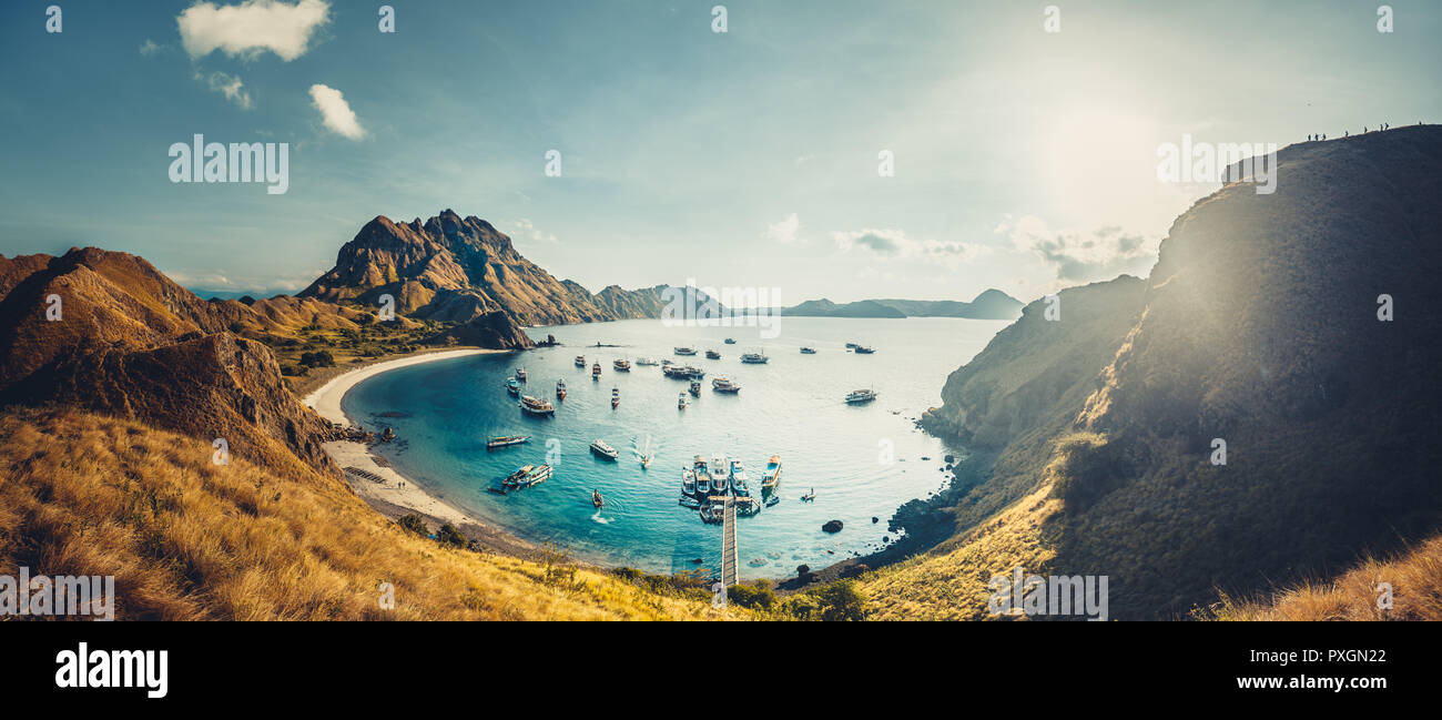 Mountains, bay, sun rays. Aerial shot. Padar. Wonderful panoramic ...