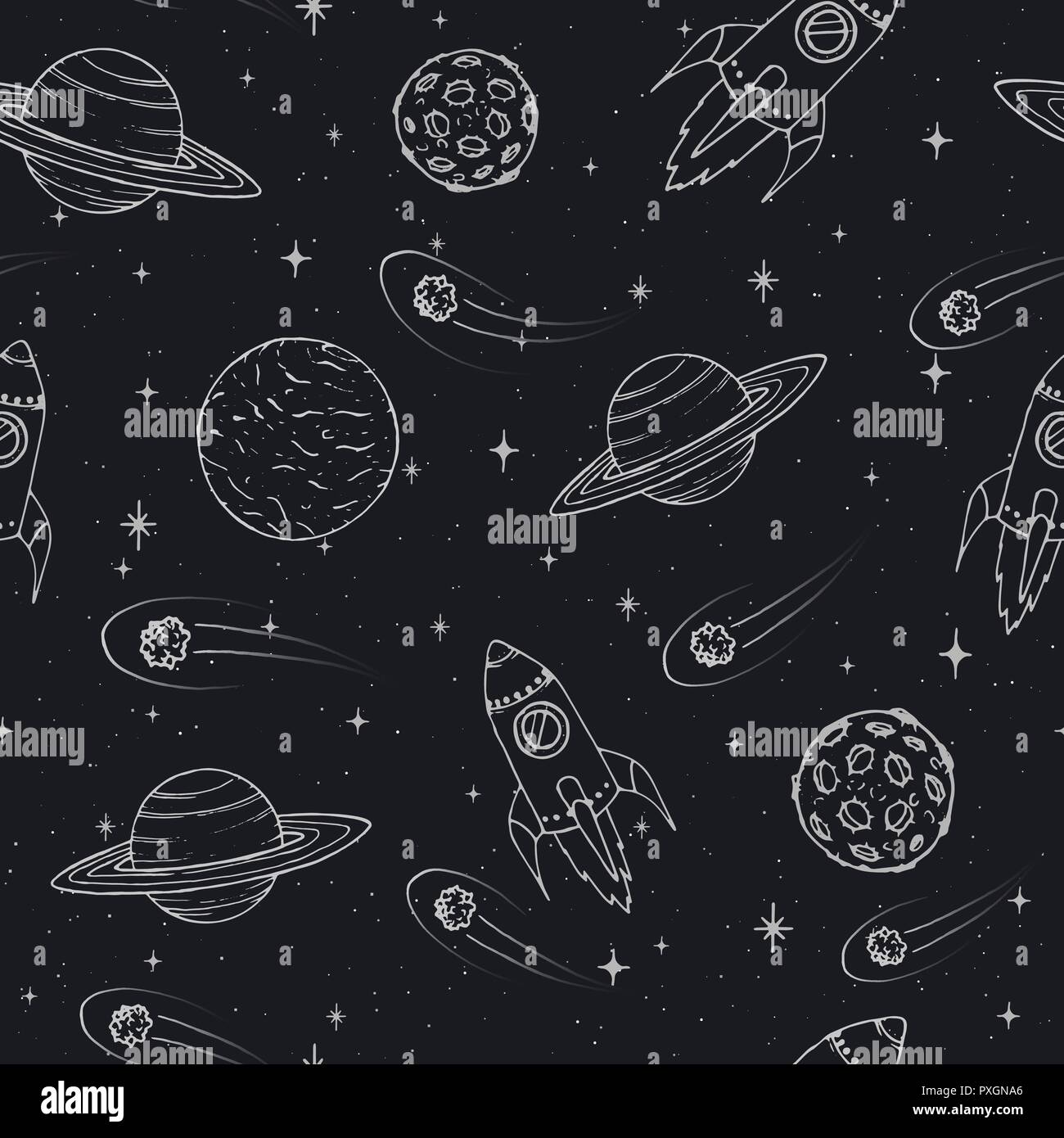 Vector Hand drawn seamless pattern with Jupiter, Mars, Saturn, Neptune ...