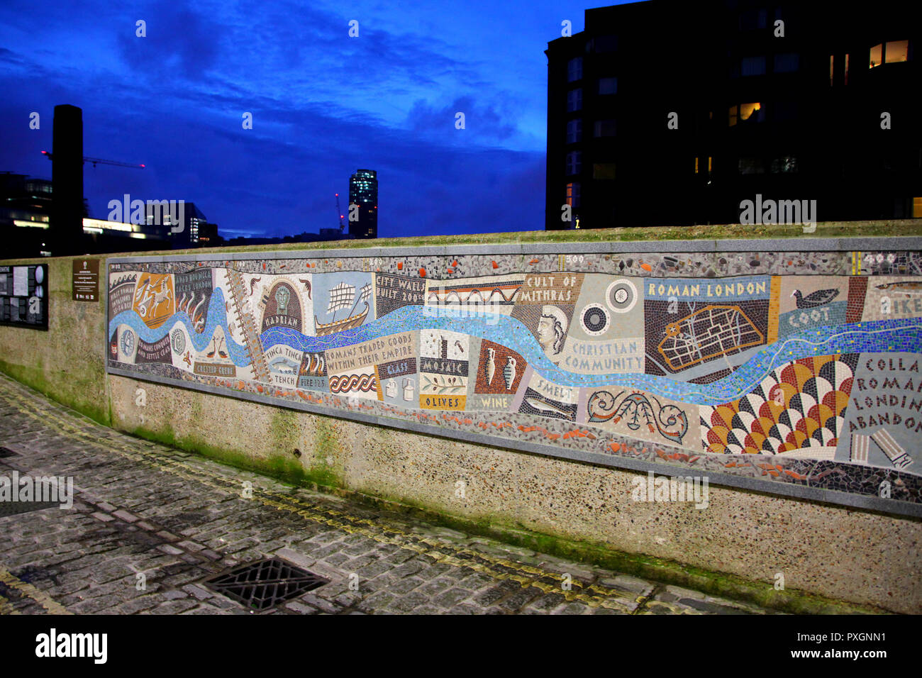 Night time image of mosaic wall by Queenhithe Dock in the City of ...
