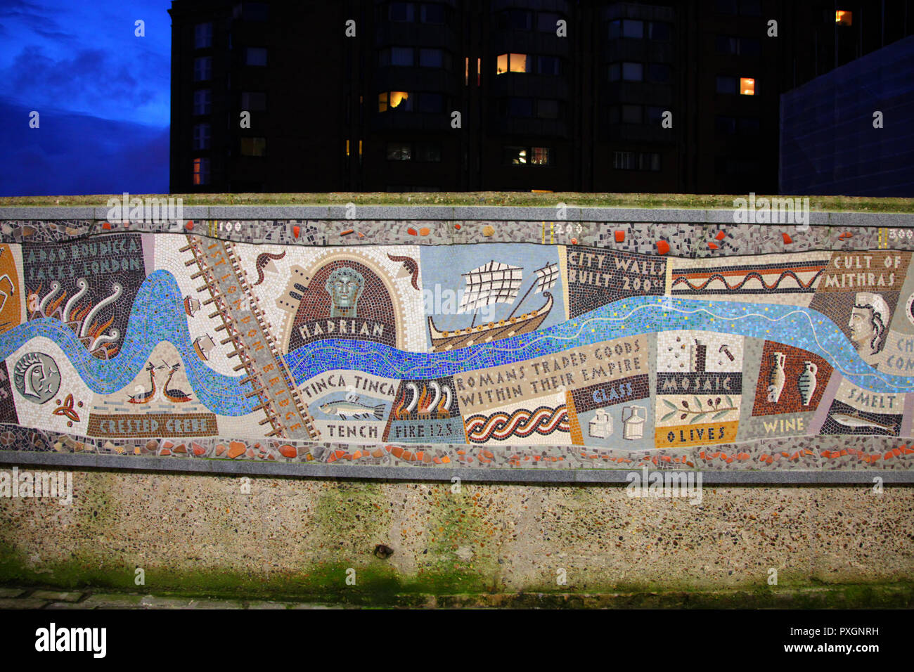 Night time image of mosaic wall by Queenhithe Dock in the City of ...