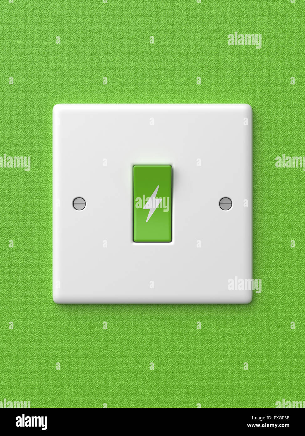 3d rendered front view of a single green light switch with a power ...