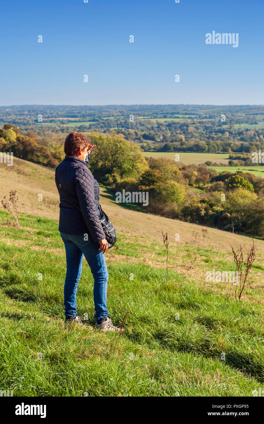 Woman on the North Downs Way, viewing the Weald of Kent Stock Photo - Alamy