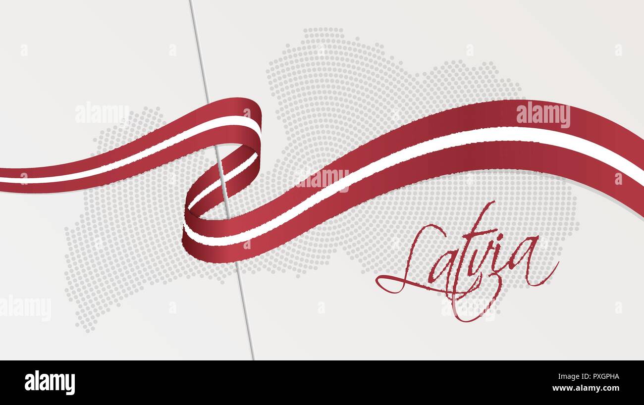 Vector illustration of abstract radial dotted halftone map of Latvia and wavy ribbon with ...